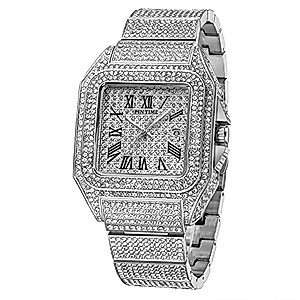 PINTIME Mens Full Iced Out 43mm Big Face Bling Luxury Crystal Square Watches Fashion Hip Hop Jewelry Watch for Men