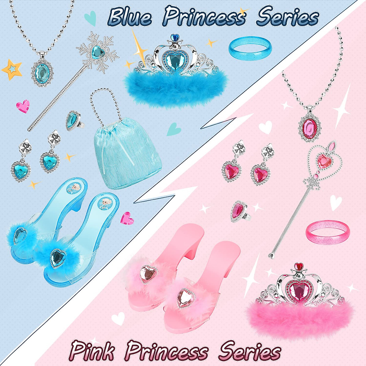 Hapgo Princess Dress Up Shoes and Pretend Jewelry Toys Set, 2 Pairs of Princess Shoes with Cape Tiara Crowns Earrings Necklaces Bracelets Rings Wands Bag Role Play Shoes for Girls Aged 3-6 Years Old