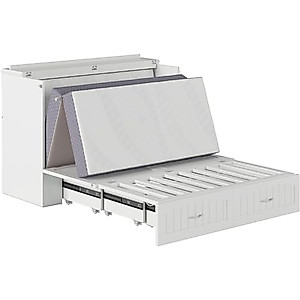 HomeStock Baroque Bonanza Murphy Bed Chest with 6 Inch Memory Foam Folding Mattress, Built-in Charging Station and Storage Drawer, Full, White