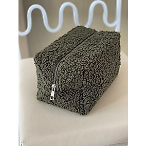 Boucle Cosmetics Toiletry Makeup Bag Large Aesthetic Makeup Travel Accessories Gift Idea (Olive Green Boucle)