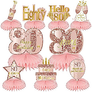 Pink Rose Gold 80th Birthday Honeycomb Centerpieces Decorations for Women, 9Pcs Rose Gold Happy 80th Birthday Table Centerpieces Party Supplies, Eightieth Year Old Birthday Table Toppers Sign Decor