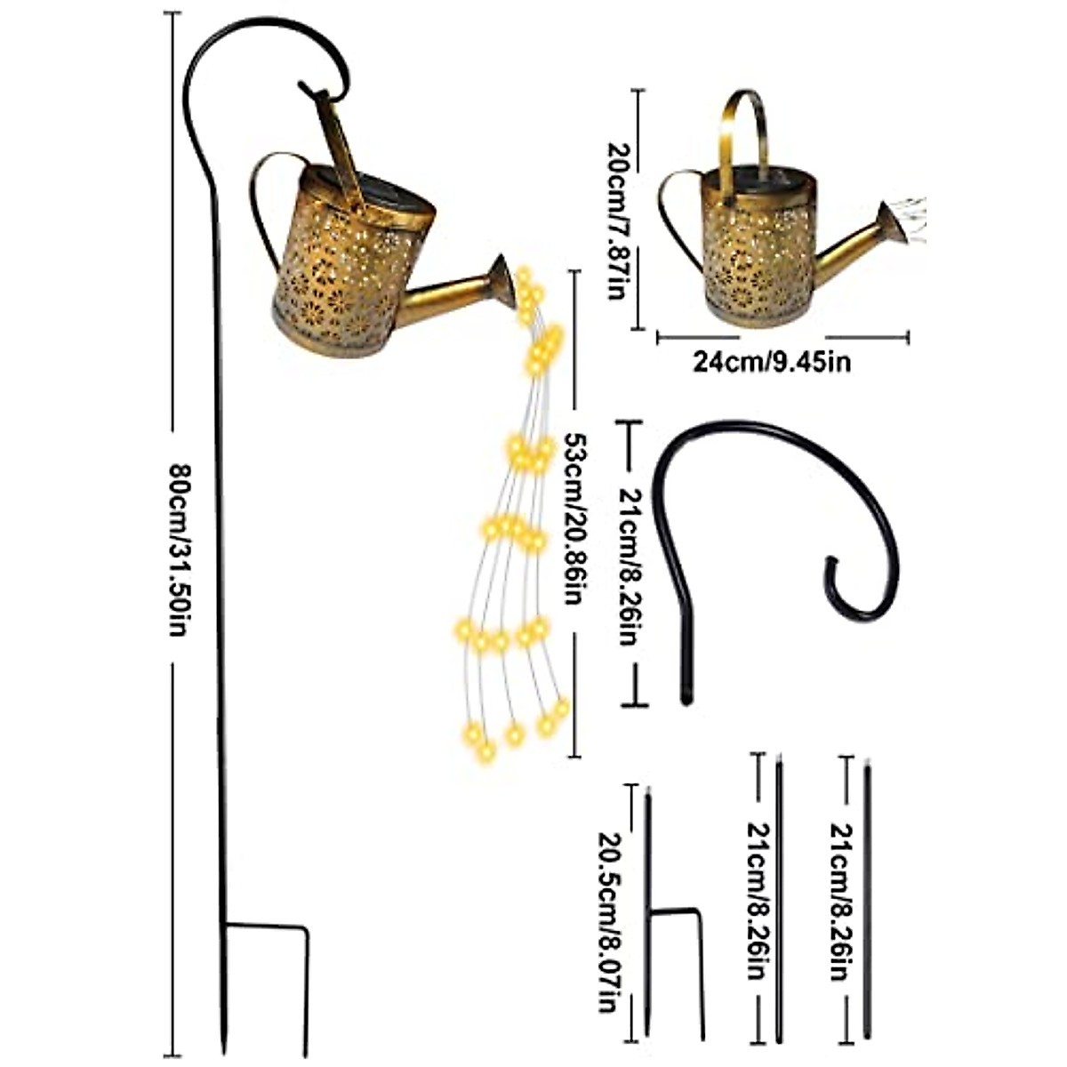 Solar Watering Can Lights Outdoor, Fairy Garden Lights, Hanging Solar Lights Metal Waterproof for Table, Patio, Yard Pathway, Outdoor Decorations with Hollow-Out Flower Design (with Hook and Stand)