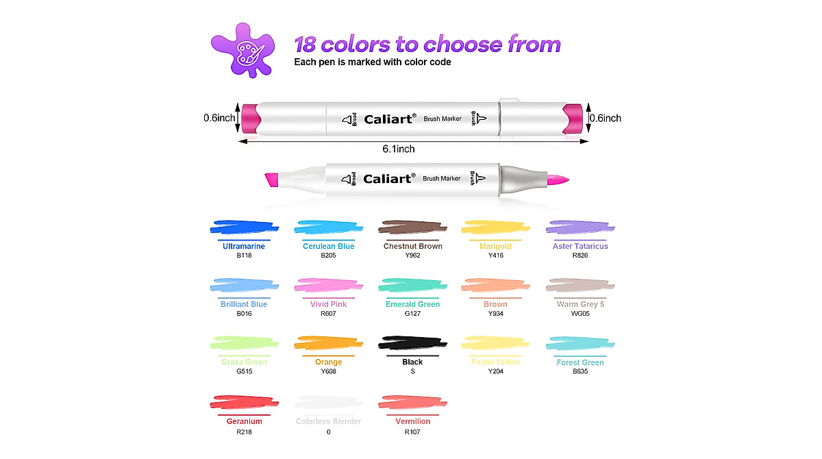 Caliart 18 Colors Dual Tip Alcohol Markers Set