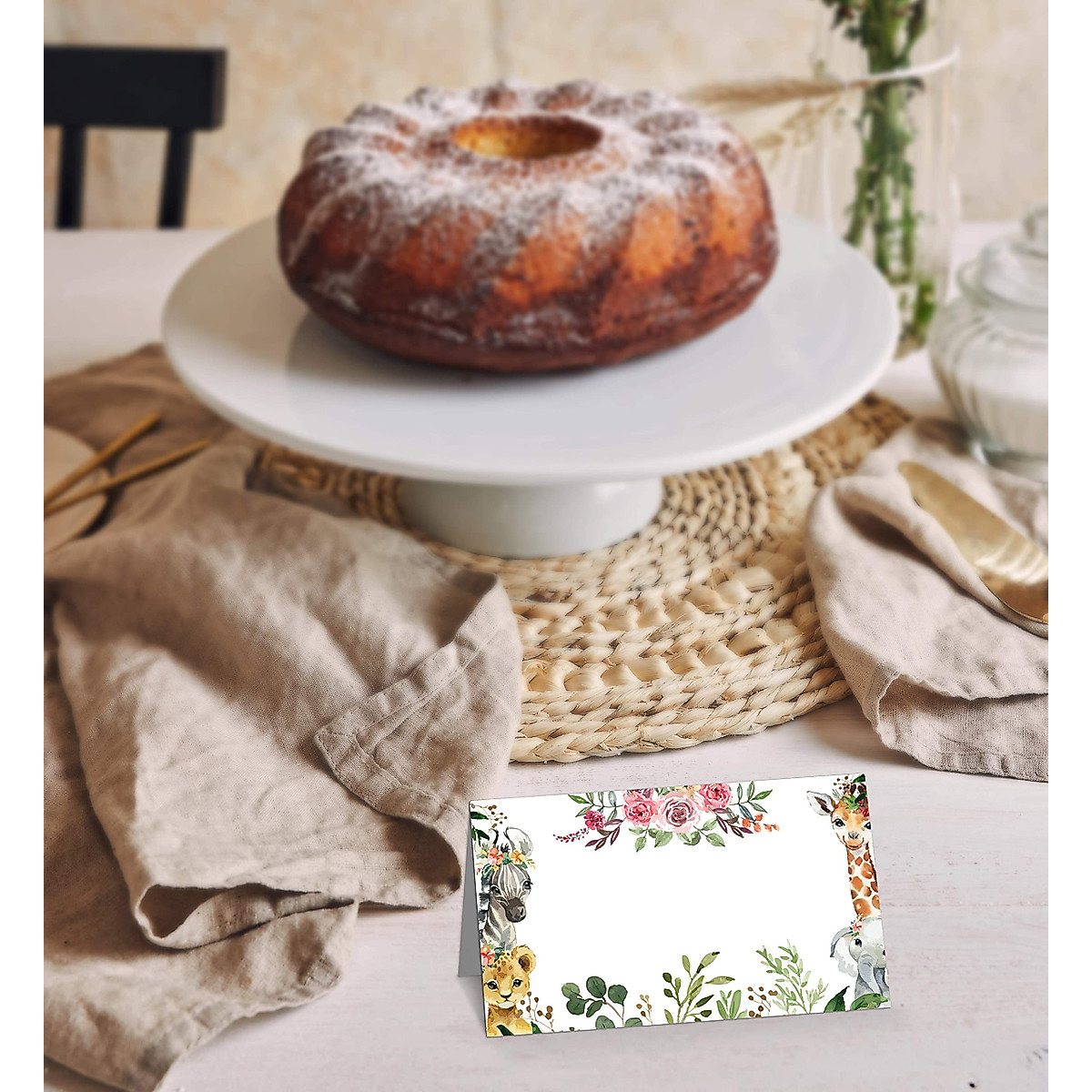 Table Place Card for Baby Shower, 25 Pcs Tent Cards Set with Floral Design, Editable Name Cards for Table Seating, Wild Animal Birthday Party Food Lables, Safari Jungle Baby Shower Decorations(13)