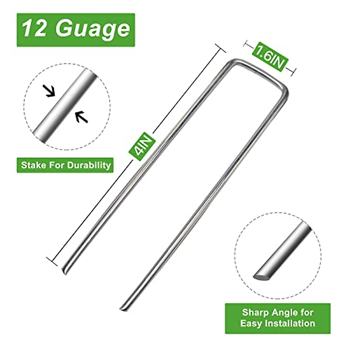 Zevlux Landscape Staples 4 Inch 50Pcs 12 Gauge Garden Stakes, Heavy Duty Galvanized Garden Staple for Fences, Lawns, Weed Barriers, and Landscape Fabrics, Netting, Irrigation Hose, Floor Mats (4inch)