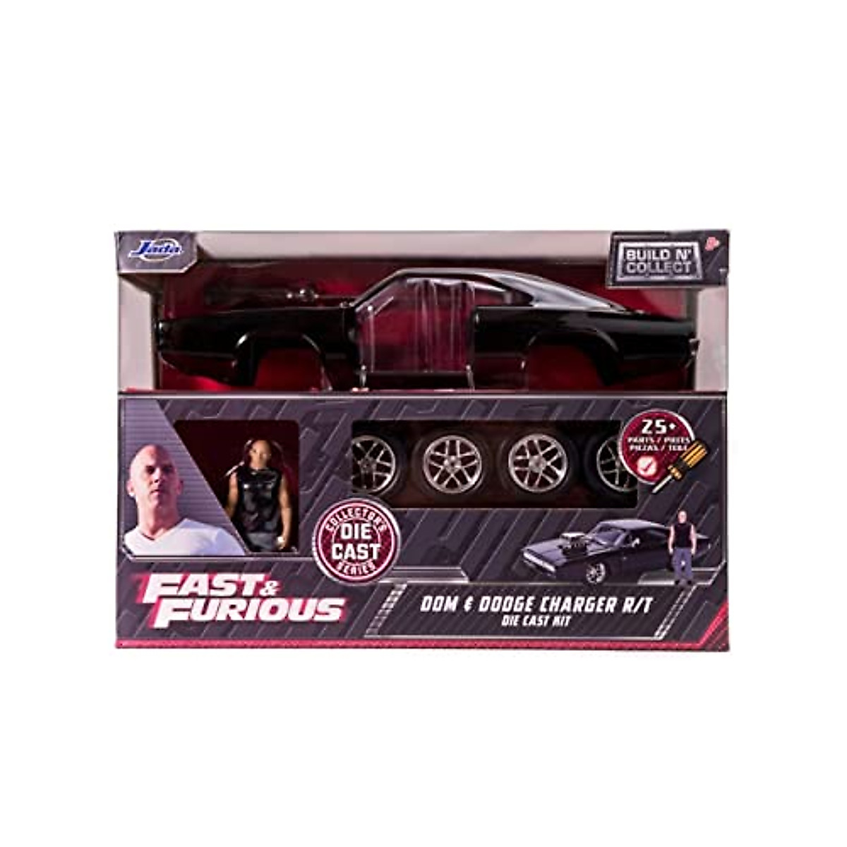 Jada Toys Fast & Furious Dom & Dodge Charger R/T, 1:24 Scale Build n' Collect Die-Cast Model Kit with 2.75" Die-Cast Figure, Black