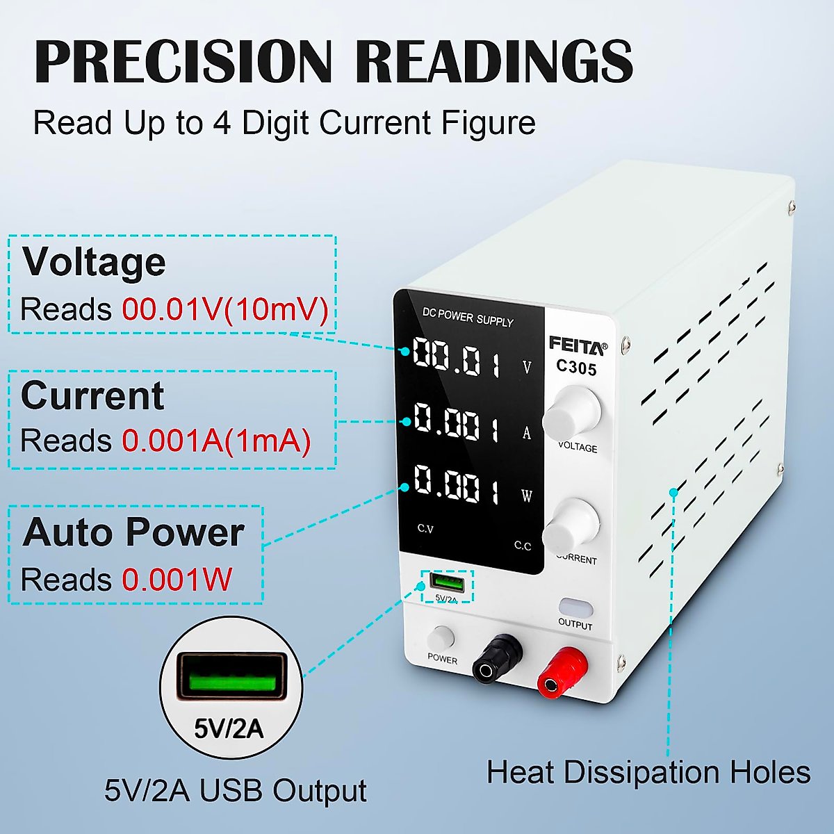 FEITA C305 DC Power Variable Supply Adjustable 30V 5A High Precision Bench Lab Power Supplies Programmable with Output Switch, 5V/2A USB Interface for Anodizing & Electroplating Kit