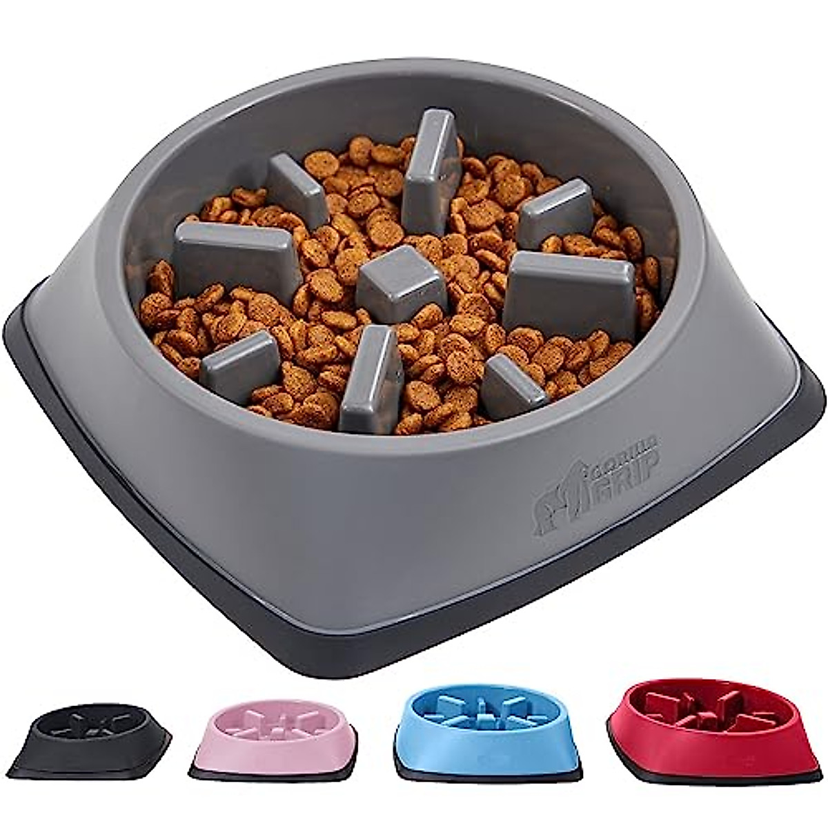 Gorilla Grip Slip Resistant Slow Feeder, 4 Cups, Cat and Dog Bowl, Slows Down Pets Eating, Prevent Overeating, Feed Small, Large Pets, Fun Puzzle Design, Dogs Cats Bowls for Dry and Wet Food, Gray