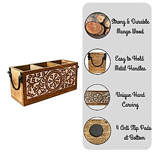 3 Compartment Farmhouse Wooden Flatware Caddy with Metal Handles for Kitchen Countertop, Silverware Caddy for Buffet Party, Rustic Wood Utensil Cutlery Holder, Bathroom Dining Table Office Organizer