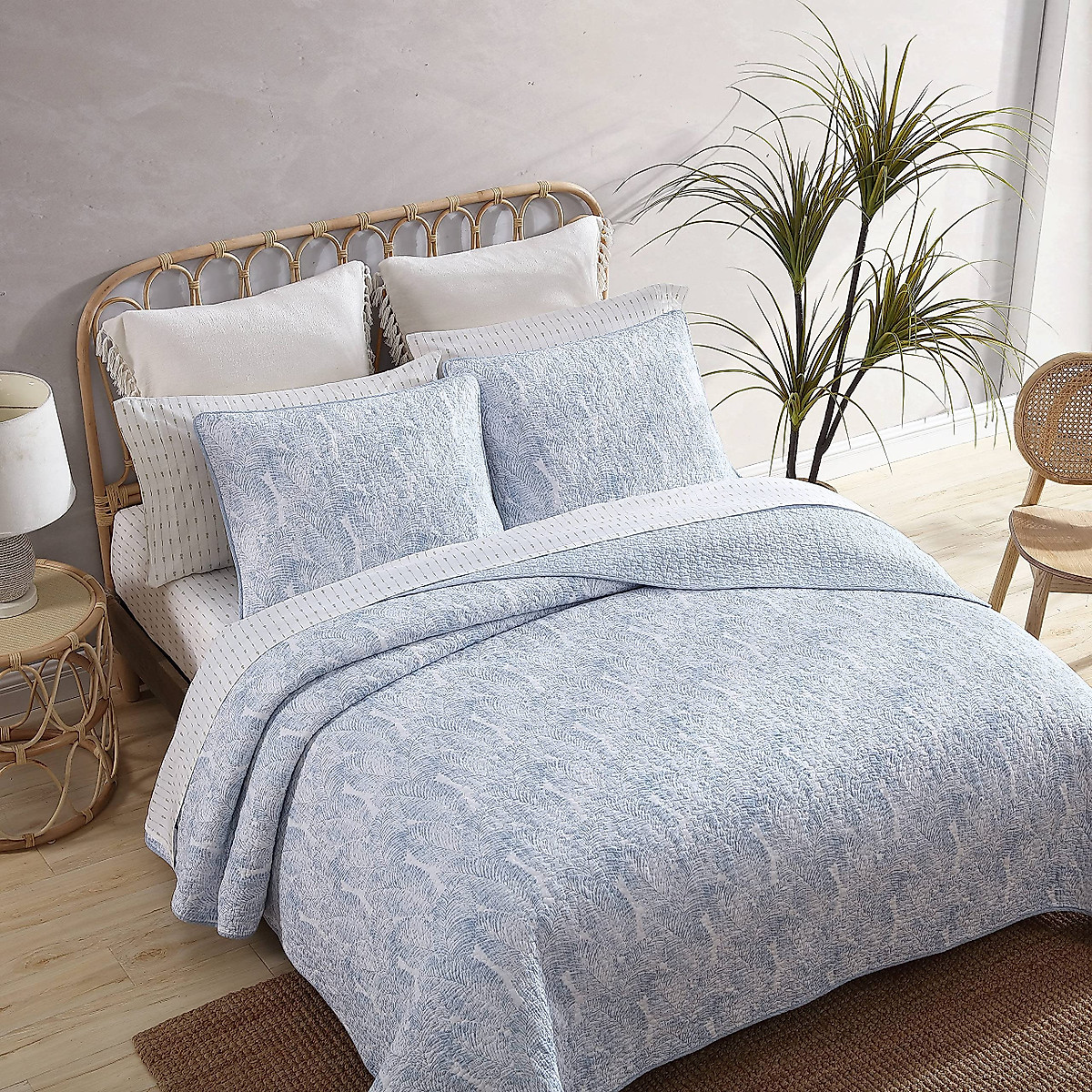 Tommy Bahama - King Quilt Set, Reversible Cotton Bedding with Matching Sham, Coastal Bedding Set with Textured Reverse (Distressed Water Leaves Blue, King)