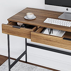 Nathan James Sophie Solid Computer Study Table for Home Office or Writing Desk with Drawers for Storage and Modern Metal Frame with Rustic Wood Top, Light Walnut/Black