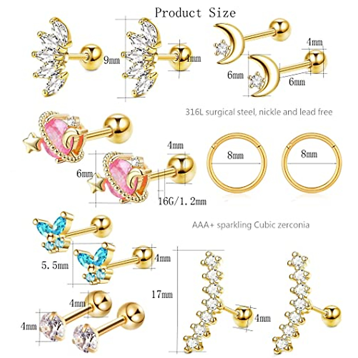 EVISPOL 7Pairs Cartilage Earring, Conch Piercing Jewelry Tragus Piercing Jewelry Helix Piercing Jewelry Daith Piercing Jewelry Rook Piercing Jewelry for Women Men-7Pairs-Gold2