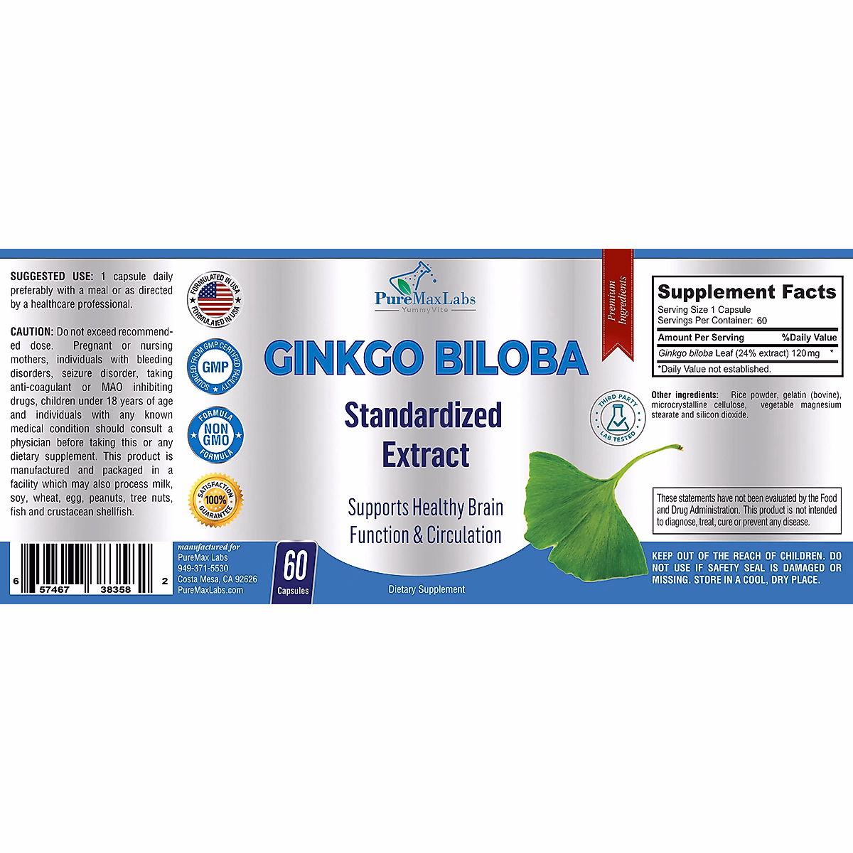 YUMMYVITE Ginkgo Biloba Capsules - Supports Brain Function, Memory Support & Circulation, Extra Strength Standardized Extract - 60 Capsules