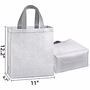 Noamus 40 Pcs 12x11 Inch Glossy Reusable Grocery Bag, Silver Glitter Gift Bags with Handle, Fashionable Non-Woven Bridesmaid Tote Bag, Durable Shopping Bag for Wedding, Bachelorette Birthday Party