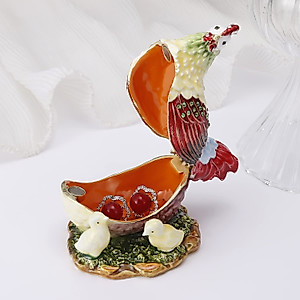 Hand Painted Hen Trinket Box for Home Decor, Hinged Enamel Jewelry Organizer Storage for Ring Earrings, Unique Figurine Keepsake Collectible Personalized Elegant Ornaments (Hen with Chicks)