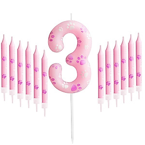 Dog Paw Birthday Candles Numbers 3 Candle with 12 Pieces Long Thin Candles, Dog Paw Print Birthday Party Decorations,Pink Birthday Candles Cake Toppers for Boy Girl Birthday Party Anniversary Supplies