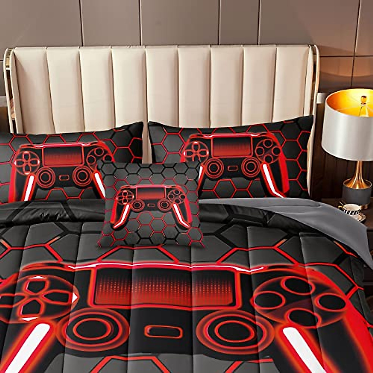 BDUCOK 6 Piece Gamer Comforter Sets Bed in A Bag for Boys Teen Kids,Honeycomb Gaming Bedding Sets Gamepad Comforter Microfiber Bed Set for All Season Gamer Home Decor(Green, 6 Piece Sets30023-Queen)