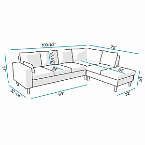 Panana Sectional L Shape Corner Sofas Coch with Left Right Hand Side Built-in USB Charging Port Chaise, Brown