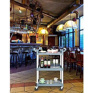 QWORK Plastic Utility Cart with Wheels Lockable, 3-Tier Rolling Push Cart Bus Cart for Restaurant, Kitchen, Gray