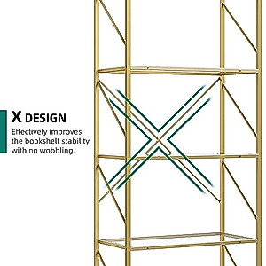 YITAHOME Acrylic Gold Bookshelf, 5 Tiers Modern Open Bookcase, Display Shelf Storage Rack for Bedroom, Living Room, Kitchen, Home Office, Gold&Acrylic