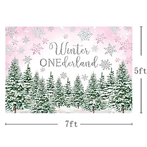 MEHOFOND 7x5ft Winter Onederland Backdrop for Girls First Birthday Pink Silver Glitter Snowflake Photography Background Pine Trees Happy 1st Birthday Party Banner Decorations Photo Booth Props