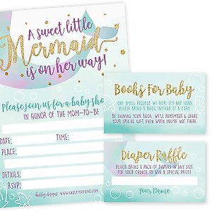 25 Mermaid Baby Shower Invitations, 25 Book Request Baby Shower Guest Book Alternative, 25 Baby Shower Diaper Raffle Tickets For Baby Shower, Under The Sea Nautical On Her Way Diaper Raffle Cards