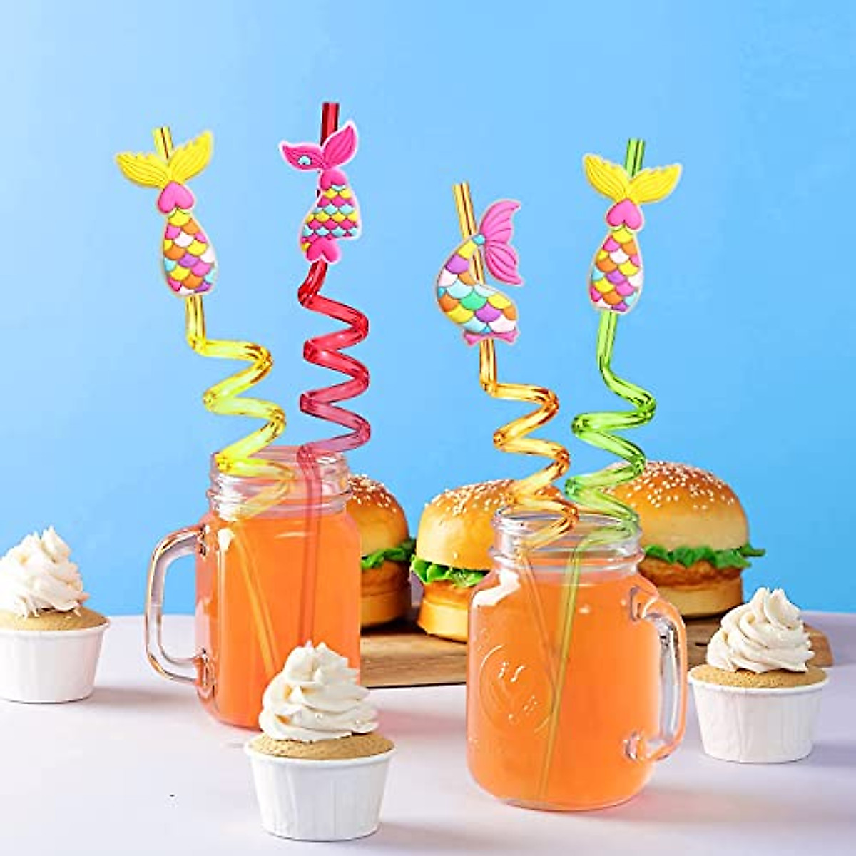 24 Rainbow Mermaid Party Favors Mermaid Tail Drinking Straws for Mermaid Birthday Party Supplies with 2 PCS Straws Cleaning Brush