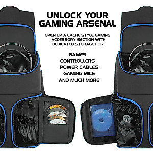 ENHANCE PS5 Backpack and Storage Case - Compatible with PS5 , PS4 Pro & PS4 - Gear Arsenal Storage Compartments , Gaming Console Backpack for Controllers , Headsets , Games & Accessories - Blue