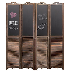 MyGift 4 Panel Rustic Dark Brown Wood Folding Room Divider Decorative Semi Private Screen with Chalkboard Panels and Two Way Hinges