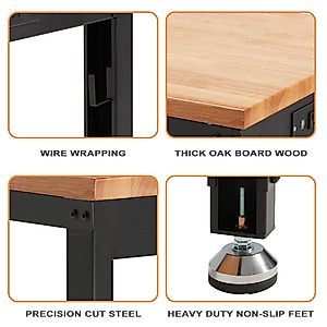Haddockway Adjustable Workbench for Garage, 60" x 22" Rubber Wood Top Worktable with Power Outlets, Max 2000 Lbs Load Capacity Heavy Duty Workstation for Workshop Office Home (Black Frame, 60in)