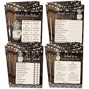 Your Main Event Prints Bridal Shower Bachelorette Games, Rustic Wood Barrel Mason Jar, He Said She Said, Find The Guest Quest, Would She Rather, Phone Game, 25 games each