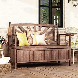 Timechee Outdoor Storage Bench Large Deck Box, 47.2" Patio Wooden Loveseat Benches, Garden Seating Furniture with Cup Holder & Storage Space for Tools for Deck, Porch & Balcony, Brown