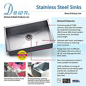 Dawn SRU201609 Undermount Small Corner Radius Single Bowl Sink, Polished Satin