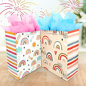 Gift Bag for Girls, Birthday Large Gift Bag Bulk Set Included 2 Pack Paper Gift Bags with Tissue Paper, Rainbow Gift Bags for Kids, Baby, The Colorful Pink Red Gift Bags with Handles, The Pretty Present Bag Gift Bags for Birthday, Party, Baby Shower (12.5