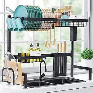 Sakugi Dish Drying Rack - Large Over The Sink Dish Drainer Drying Rack (30.0" to 33.9" W), Large Capacity Stainless Steel Dish Rack, Multifunctional Kitchen Organizers and Storage Rack, Black