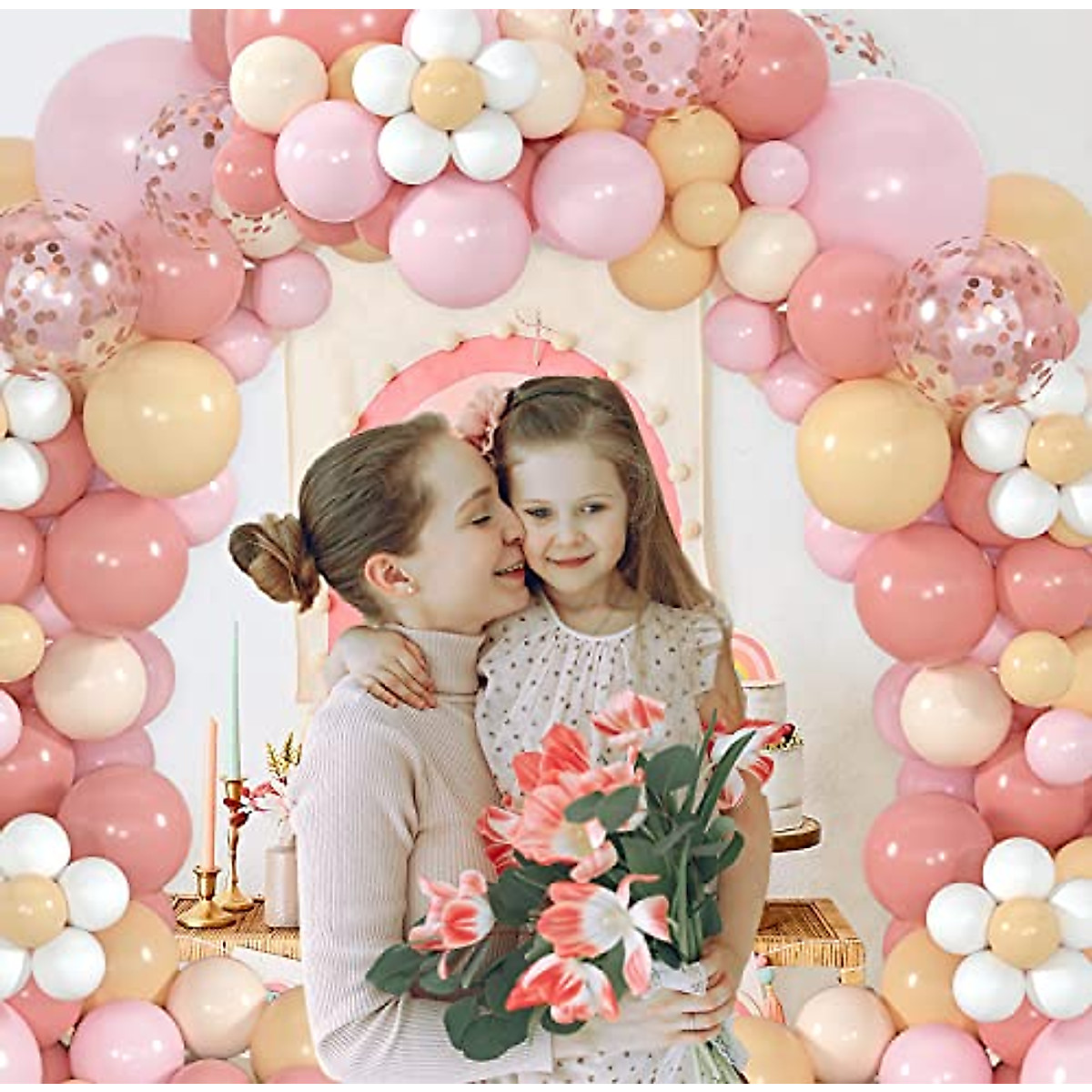 Boho Daisy Balloon Garland Retro Dusty Pink Blush Nude Light Pink Pastel Orange White Balloons Rose Gold Confetti Balloon Arch Kit for Baby Shower Wedding Birthday Party Decorations
