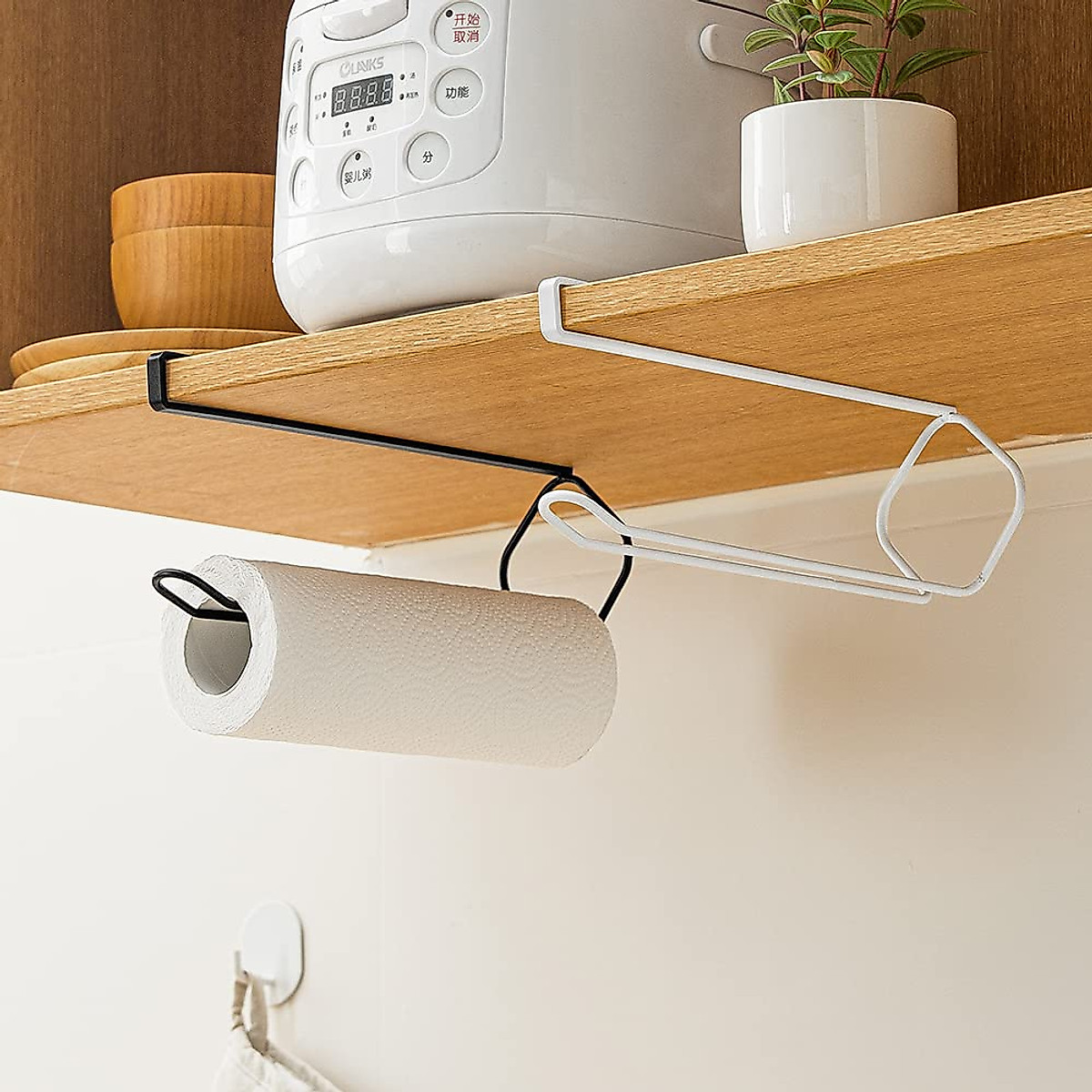 LINFIDITE Paper Towel Holder Hanger Under Cabinet Wine Glass Holder Paper Towel Racks No Drilling Sliding Wall Mount Paper Rolls Rack Kitchen Hanging Storage Rack