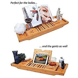 Bamboo Bathtub Tray & Bed Laptop Desk with Foldable Legs, Latest Unique Zen Design Bathtub Caddy, Top Quality Bamboo Bathtub Caddy Tray with Adjustable Legs, Wine Glass & iPad Holder by Bambooware