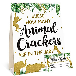 Gold Safari Baby Shower Decorations Supplies Guess How Many Animal Crackers Game with Standing Sign 30 Cards