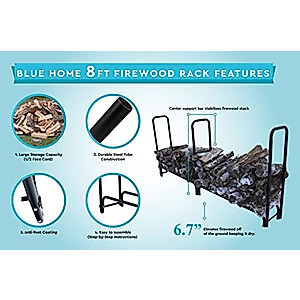 BLUEHOME 8ft Heavy Duty Indoor Outdoor Firewood Storage - Log Rack with Waterproof Cover and Log Carrier Combo – Black Steel Tubular Log Holder for Fire Pits and Fireplaces – Easy to Assemble