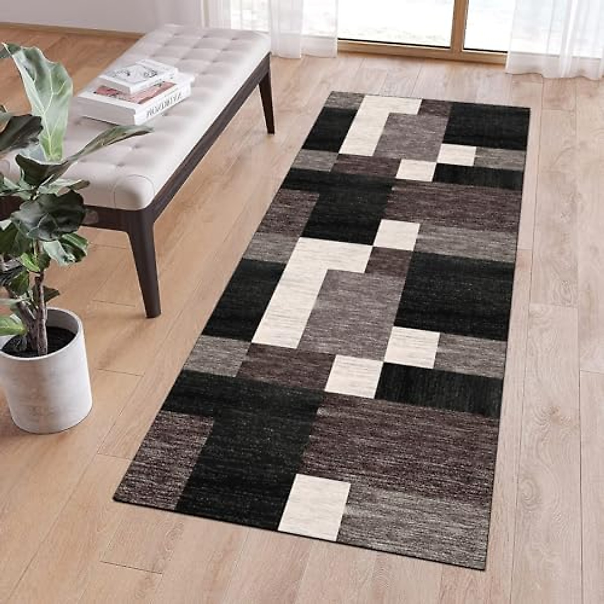 Runner Carpet for Hallway Non Slip Brown Black 4'x5' Patchwork Washable Home Decor Runners for Corridor Kitchen Living Room Hallway Bedroom Entryway Customizable, 1'3"-4' Width