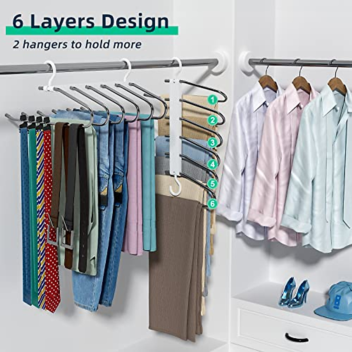 Pants Hanger Space Saving, 2Pack Stainless Steel Magic Pants Hanger 6 Layers for Closet Multifunctional Uses Pants Hangers Rack Organizer for Trousers Scarves Slack,Black
