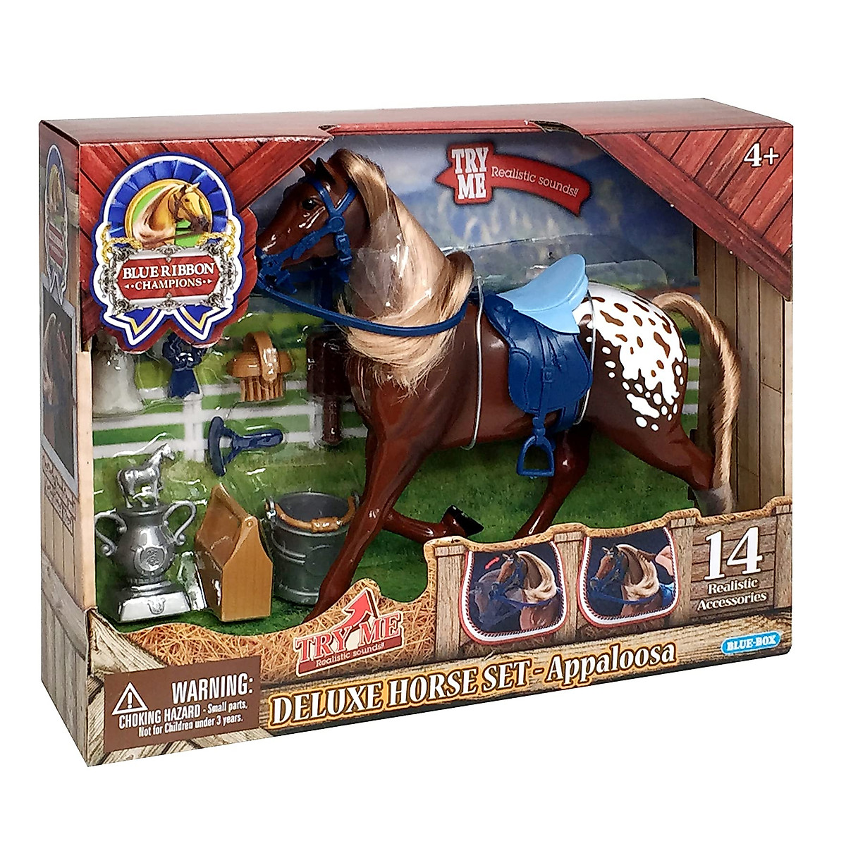 Sunny Days Entertainment Appaloosa Horse with Moveable Head, Realistic Sound and 14 Grooming Accessories - Blue Ribbon Champions Deluxe Toy Horses