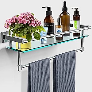 SFGSOWOR 21inch Bathroom Glass Shelf with Towel Bar/Towel Rack Wall Mounted Tempered Glass Shelf Storage Hotel Towel Storage Rack Sus304 Rustproof Stainless Steel Chrome Plated Finish