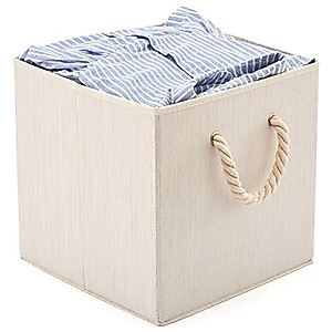EZOWare Foldable Bamboo Fabric Storage Bin with Cotton Rope Handle, Collapsible Resistant Basket Box Organizer for Shelves, Closet, and More (Set of 2, Beige)