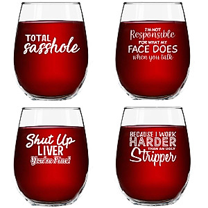 Set of 4 Crude & Rude Funny Wine Glasses (15 oz)- Novelty Glassware Gifts for Women- Hilarious Party, Event, Hosting Fun- Wine Lover Glass w/Funny Sayings- Birthday Wine Gift for Friends- Made in USA