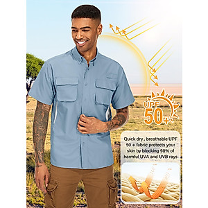 mosingle Men's Fishing Shirts with Zipper Pockets UPF50 Sun Protection Safari Cool Short Sleeve Button Down Shirts Hiking(5018,Blue-L)