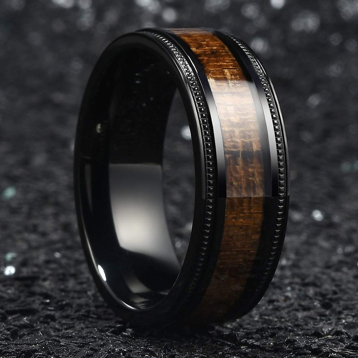 King Will NATURE 8mm Black Titanium Ring with Wood Inlay Wedding Band Ring for Men Real Comfort Fit