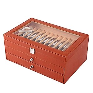Pen Display Box 36 Piece Black Leather Flannel Pen Organizer Box,Glass Pen Display Case Storage Box with Lid,Top Glass Window Three Level Display Case with Drawer Pen Collection Display Case (Orange)