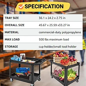 Service Cart 2-Shelf, Storage Handle, 500 lbs Capacity, for Warehouse/Garage/Cleaning/Manufacturing，45"X25"